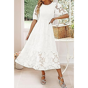 ZESICA Women's 2023 Summer Short Puff Sleeve Crewneck Smocked Floral Lace Flowy A Line Tiered Midi Dresses,White,Medium