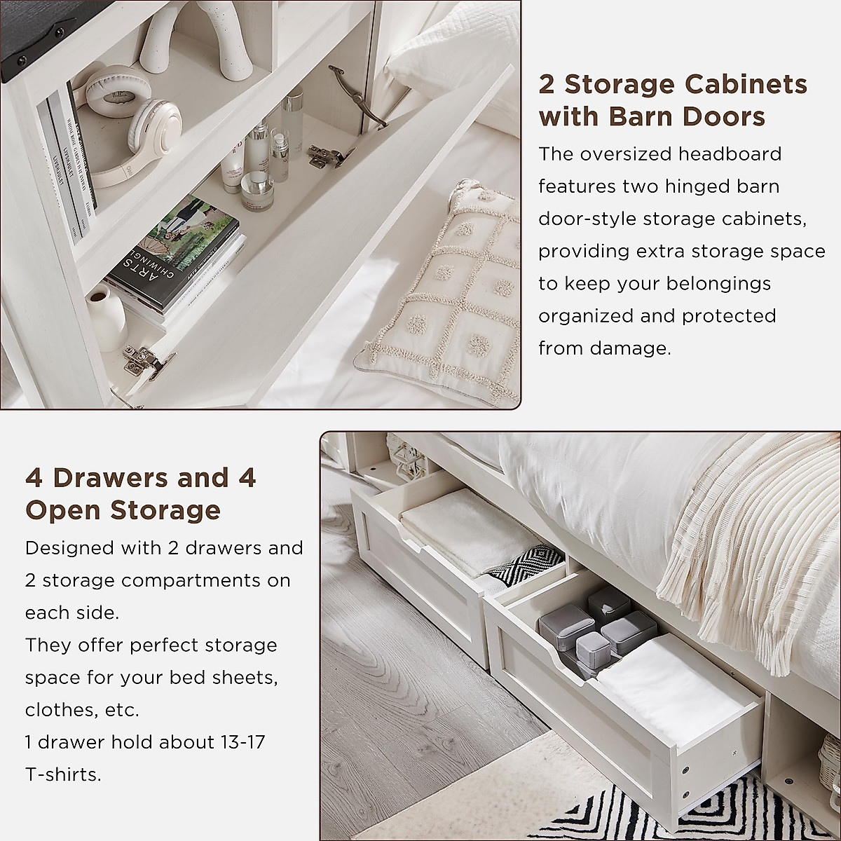 ACCOHOHO King Size Wood Bed Frame Farmhouse with 52" Tall Storage Bookcase Headboard, LED Light,Charging Station,4 Drawers and Solid Wood Slats Support,Noiseless,No Box Spring Needed- Luxury White