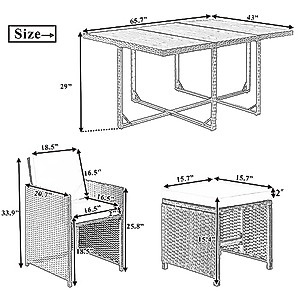 Merax 11-Piece Patio Furniture Set, All-Weather PE Wicker Dining Table Set with Wood Tabletop, Foldable 6 Chairs and 4 Stools, Space-Saving Design, Brown Rattan Beige Cushions Zippered