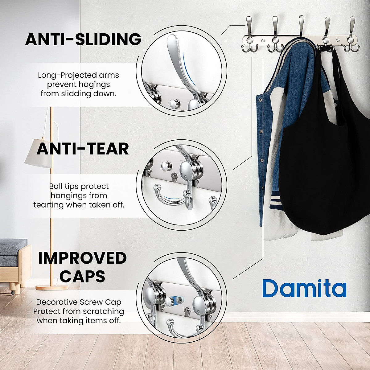 Damita Coat Rack Wall Mount - 5 Tri Hooks, Heavy Duty Coat Hooks for Bathroom, Mudroom, Entryway, Kitchen, 304 Stainless Steel Modern Wall Hook Rack (1 Pack, Silver)