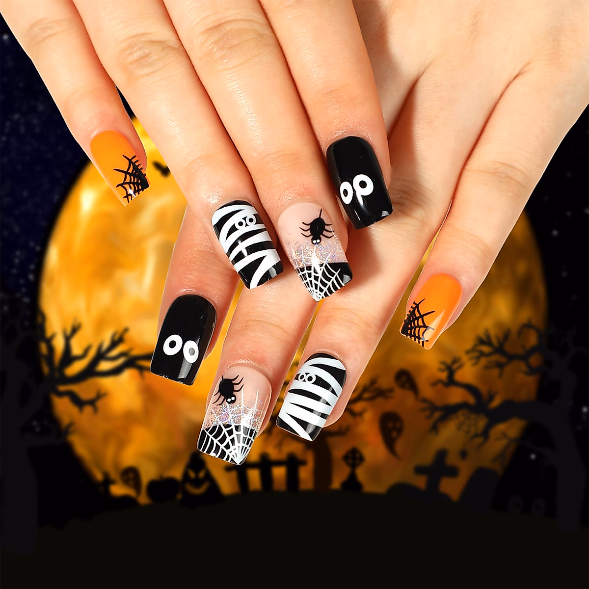Halloween Press on Nails Glossy Medium Square Fake Nails Black White Spider Web Cartoon Eyeball False Nails Day of the Dead Full Cover Acrylic Artificial Nails Reusable Stick on Nails Glue on Nails