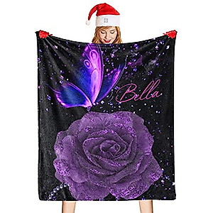 CUXWEOT Custom Blanket Personalized Purple Butterfly Rose Soft Fleece Throw Blanket with Name for Gifts Sofa Bed (50 X 60 inches)