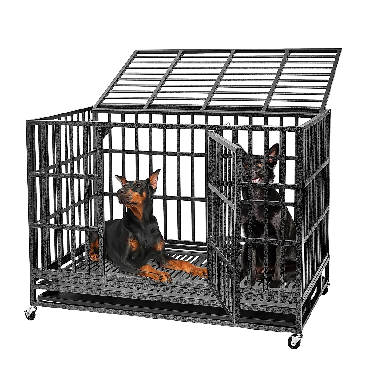 48 Inch Heavy Duty Indestructible Steel Dog Crate XXL Escape-Proof Double Door Pet Dog Cage with Lockable Wheel, New Upgraded Thickened Base Plate & Removable Tray,Black