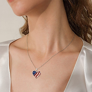 TANGPOET American Flag Necklace 925 Sterling Silver Heart Pendant American Flag Jewelry Patriot Gifts for Women