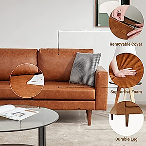 Kingfun 65" Faux Leather Loveseat Sofas for Living Room, Small Couches for Small Spaces Bedroom with Solid Wooden Frame and Padded Cushion, Mid Century Modern Decor Love Seats Furniture (Brown)