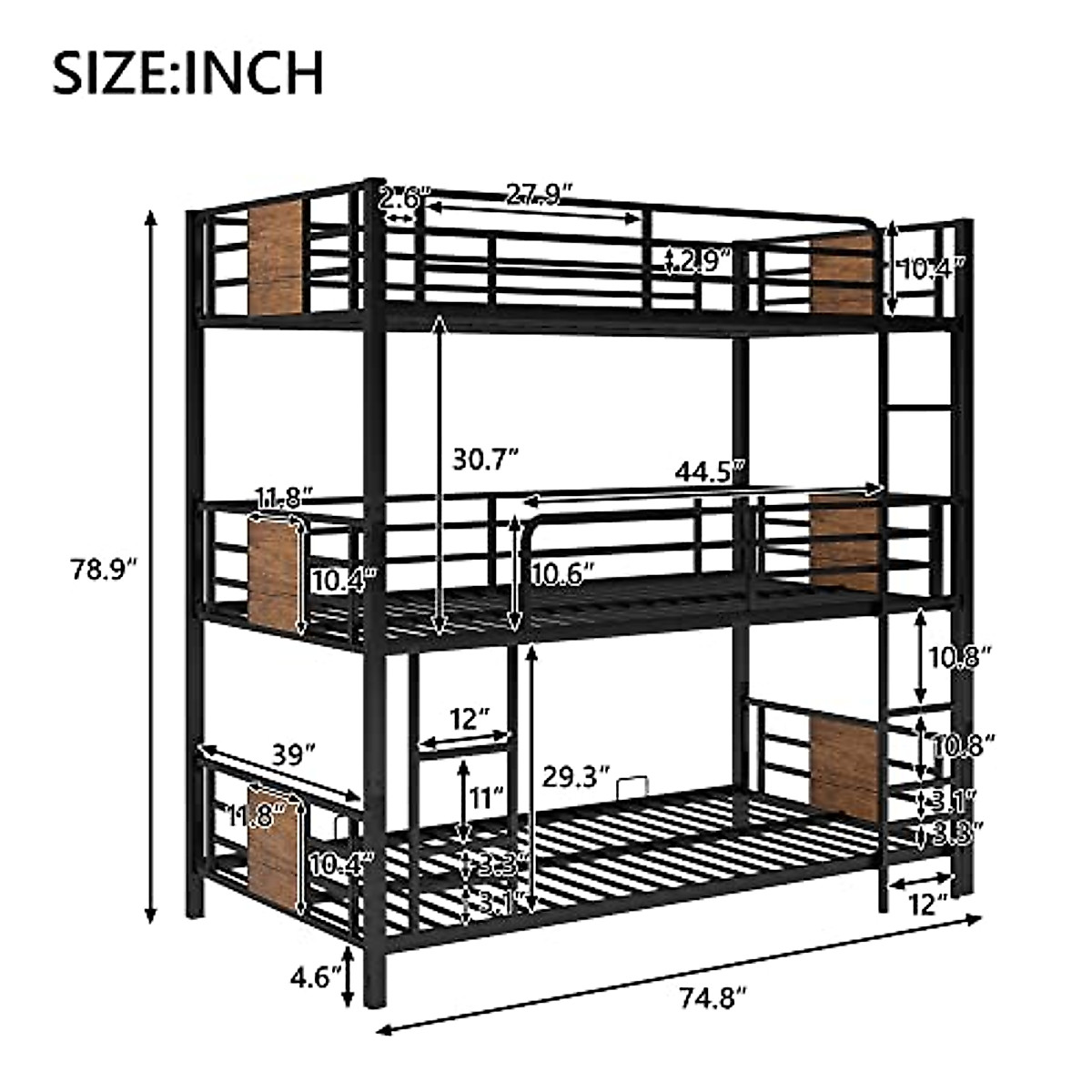 Metal Triple Bunk Bed for Kids,Twin-Over-Twin-Over-Twin Bunkbeds with Ladder and Safety Guardrails for Kids/Teen/Adults Bedroom,Divided into 3 Separate Beds,No Box Spring Needed,Brown