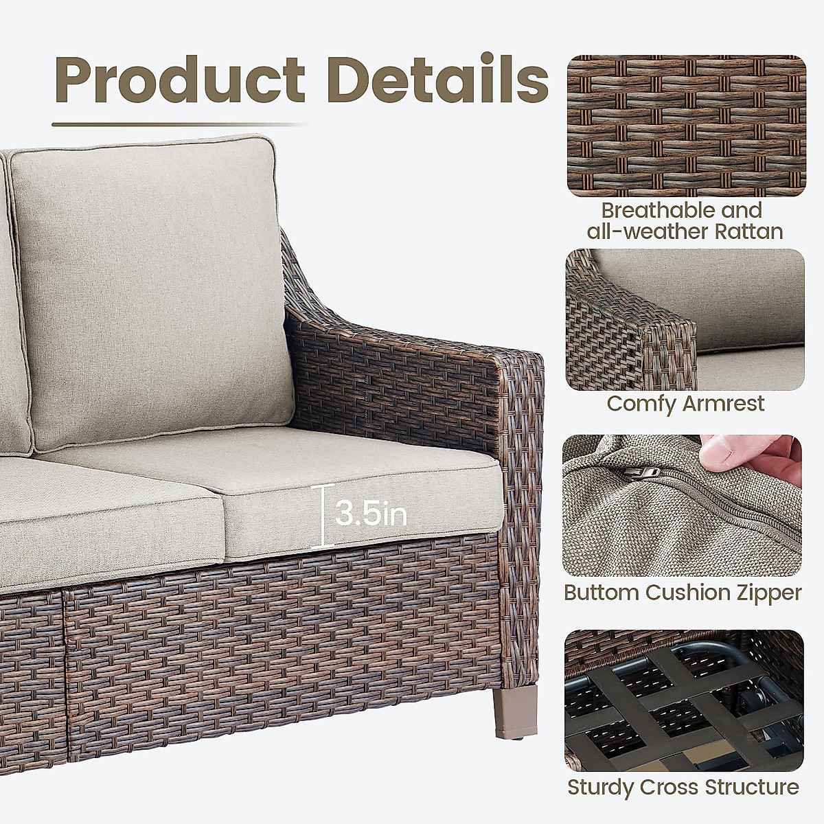 Outdoor Wicker Couch and Ottomans Set - Heavy Duty Outside Resin Rattan Lawn Funiture Sofa Sets for Front Porch Balcony Backyard Yard Deck Apartment – Brown/Beige