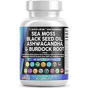 Sea Moss 3000mg Black Seed Oil 2000mg Ashwagandha 1000mg Turmeric 1000mg Bladderwrack 1000mg Burdock 1000mg & Vitamin C Vitamin D3 with Elderberry Manuka Dandelion Yellow Dock Iodine Chlorophyll ACV