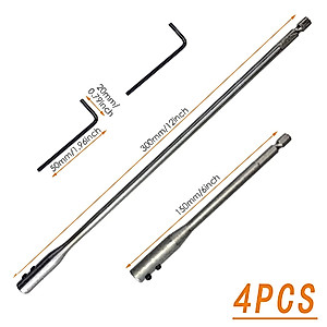 1/4 Drill Bit Extension Set 6" and 12" High-Carbon Steel Wood Spade Drill Bit Extender with 2 Pieces Key Spade Bit Extension Set for Wood Turners Furniture Carpentry and Construction(4PCS)