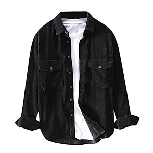 Men's Corduroy Shirt Long Sleeve Turn-Down Collar T-Shirt Top Casual Winter Lapel Chest Pocket Button Blouse M-3XL