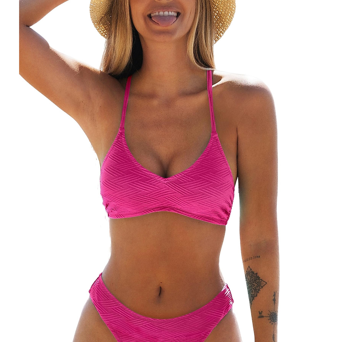 CUPSHE Women Swimsuit Bikini Top Textured Self Tie Crisscross Back Bathing Suit, S Neon Pink