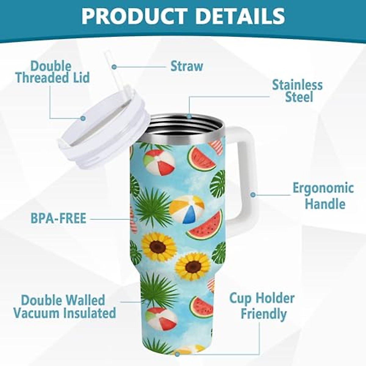 Burbuja Summer Pattern 40oz Insulated Tumblers with Handle and Straw Lid, Double Wall Stainless Steel Travel Mug Leak-Proof, BPA Free, Gift for Mom Dad