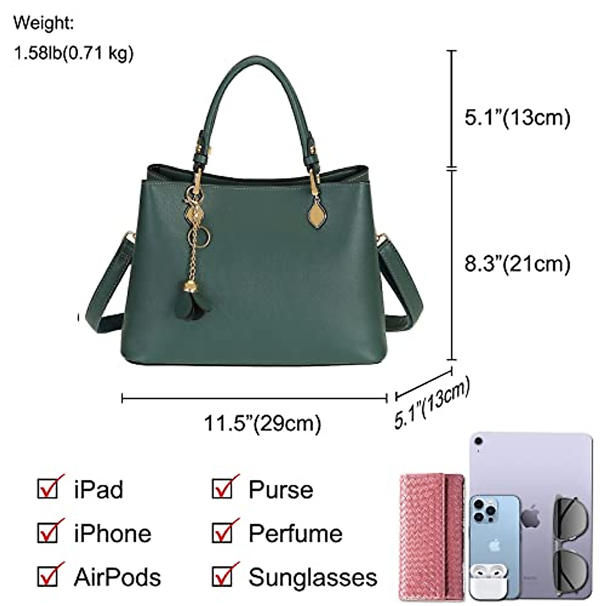 Green Top Handle Handbags for Women Soft Vegan Leather Satchel Tote Bag Shoulder Purses Medium