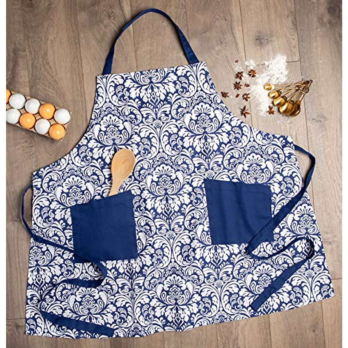 DII Chef Style Cotton Apron Adjustable Straps and Large Pocket, Nautical Blue