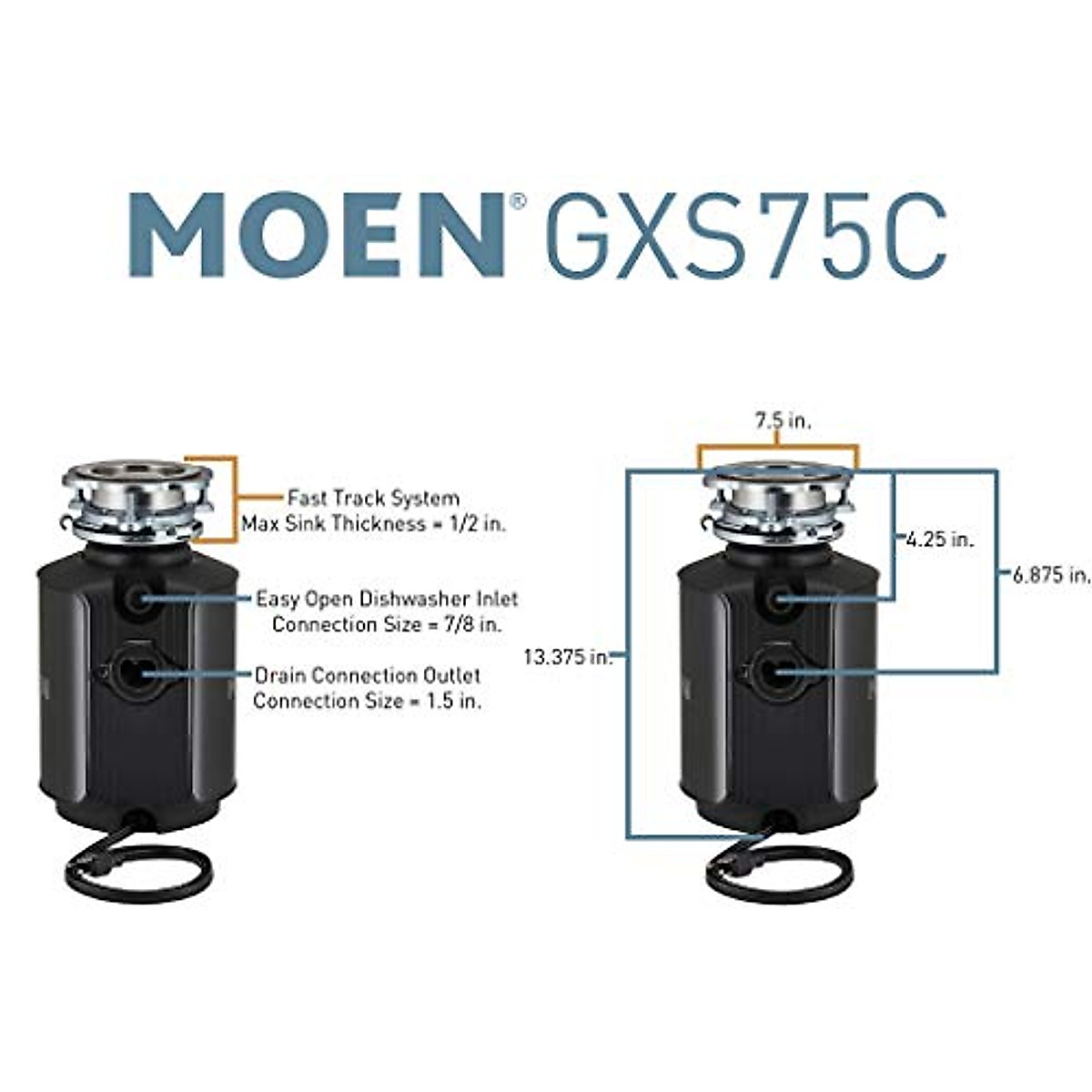 Moen GXS75C Host Series 3/4 HP Continuous Feed Garbage Disposal with Sound Reduction, Power Cord Included