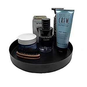 Wick Works | 8.5 inch Stainless Steel Decorative Round Tray | Metal Plate for Home Décor and Candles | Jewelry Dish Makeup Organizer | Platter Candleholder Perfume Flowers Table Centerpiece (Black)