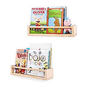 KUWZTY Wall Book Shelves for Nursery Set of 2, Display Holder for Toys, Toiletry Essentials, Kitchen Spice Racks, Photos(Natural Wood)