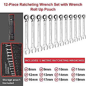 Towallmark 12-Piece Wrench Set, Reversible Ratcheting Combination Set, Metric 8mm-19mm, 72 Teeth, Cr-V Steel Ratchet Wrenches Set with Storage Bag for motorcycle/car /mechanical etc.