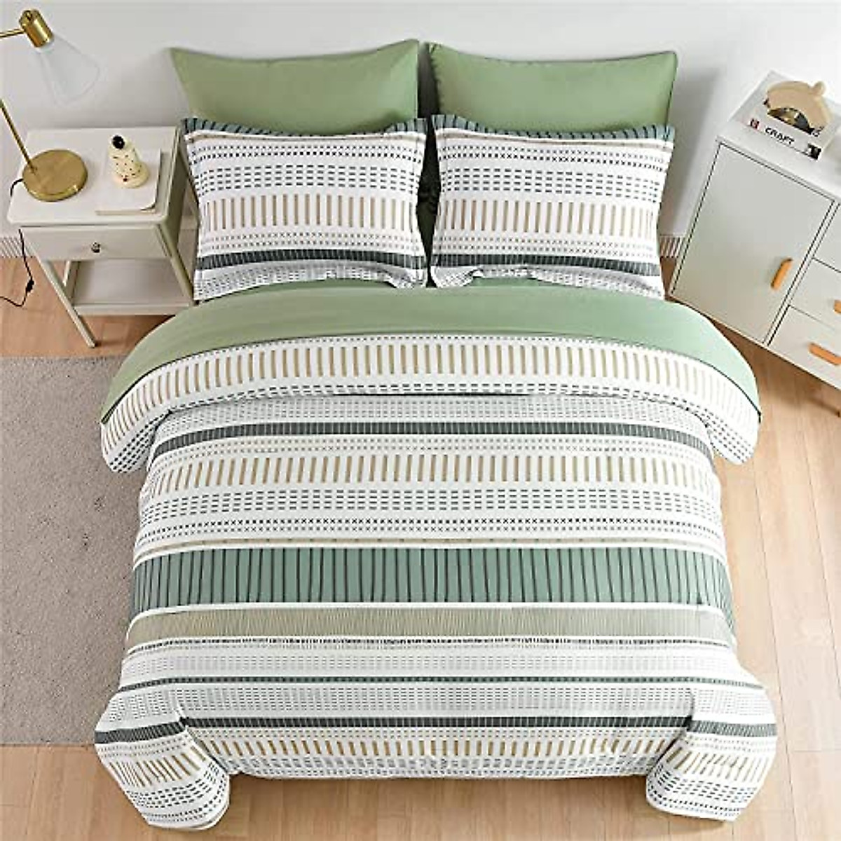 Davulos Boho Stripe Comforter Set Queen Size 7 Piece Bed in a Bag, White Sage Green Patchwork Striped Comforter and Sheet Set, Soft Microfiber Complete Bedding Set for All Season(Green,Queen)