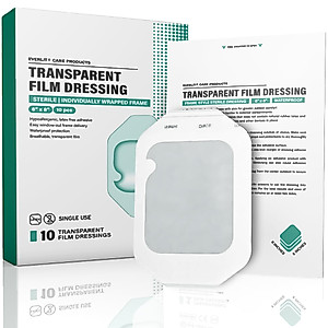 Everlit Care Transparent Film Dressing, Large Waterproof Adhesive Patch | Window Frame Wound Cover for Post Surgical Shower, IV Shield, Tattoo Aftercare Bandage (6" x 8" | 10 Pack)
