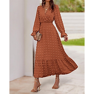 BTFBM Women Fall Dresses 2023 Long Sleeve V Neck Swiss Dots Maxi Dress Boho Long Dress High Waisted A-Line Ruffle Dress(Solid Orange,Large)