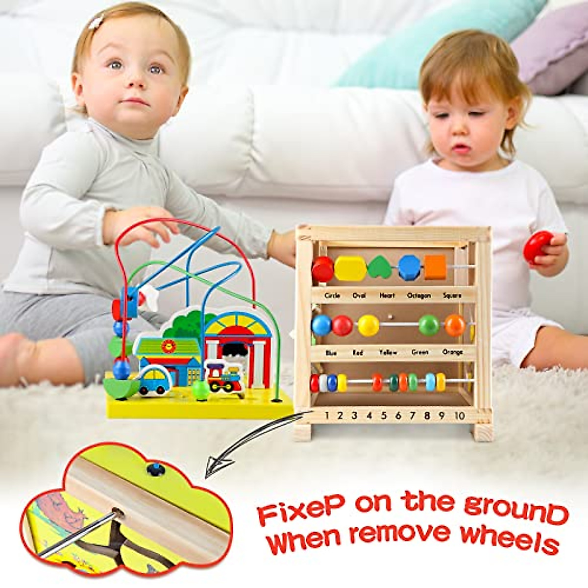 FOPNETS Wooden Toys for 1 2 Year Old Boys Girls Activity Cube Gift Set Developmental Montessori Learning Educational Toys for Toddlers Removable Bead Maze Shape Sorter 6 in 1 First Birthday Gifts