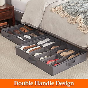 Lifewit Under Bed Shoe Storage Organizer Set of 2, Foldable Fabric Shoes Container Box with Clear Cover See Through Window Storage Bag with 2 Handles Total Fits 24 Pairs of Shoes, Grey