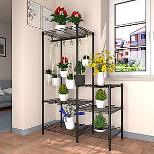 Xiofio 6-Tier Plant Stand for Indoor Outdoor, Large Reinforced Plant Shelf for Multiple Plants for Hanging ,Adjustable,Suitable for Bedroom Living Room Balcony Garden,Black