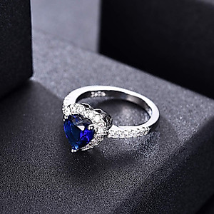 MADEONE 18K white Gold Plating Blue Sapphire Heart love Halo rings Gemstone Excellent Cut Cubic Zirconia CZ Jewelry Promise Wedding Engagement Ring for Women with Box Packing Size 5-9 (6)