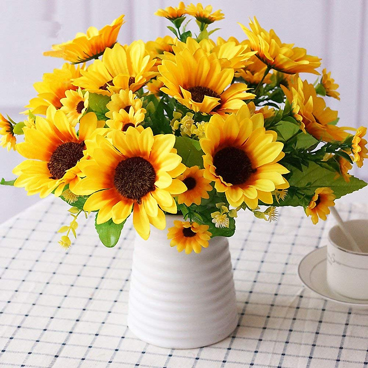 PASYOU Artificial Sunflower Plastic Fake Flowers Sunflowers for Indoor Outdoor Wedding Bridal Bouquet Home Garden Party DIY Wreath Table Arrangement Decoration Pot Planter Filler 2 pcs