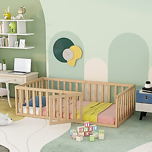 Bellemave Twin Floor Bed for Kids, Montessori Bed Frame with Fence-Shaped Guardrails and Door, Wooden Floor Twin Bed for Kids, Toddler, Boys Girls(Natural, Twin Size)