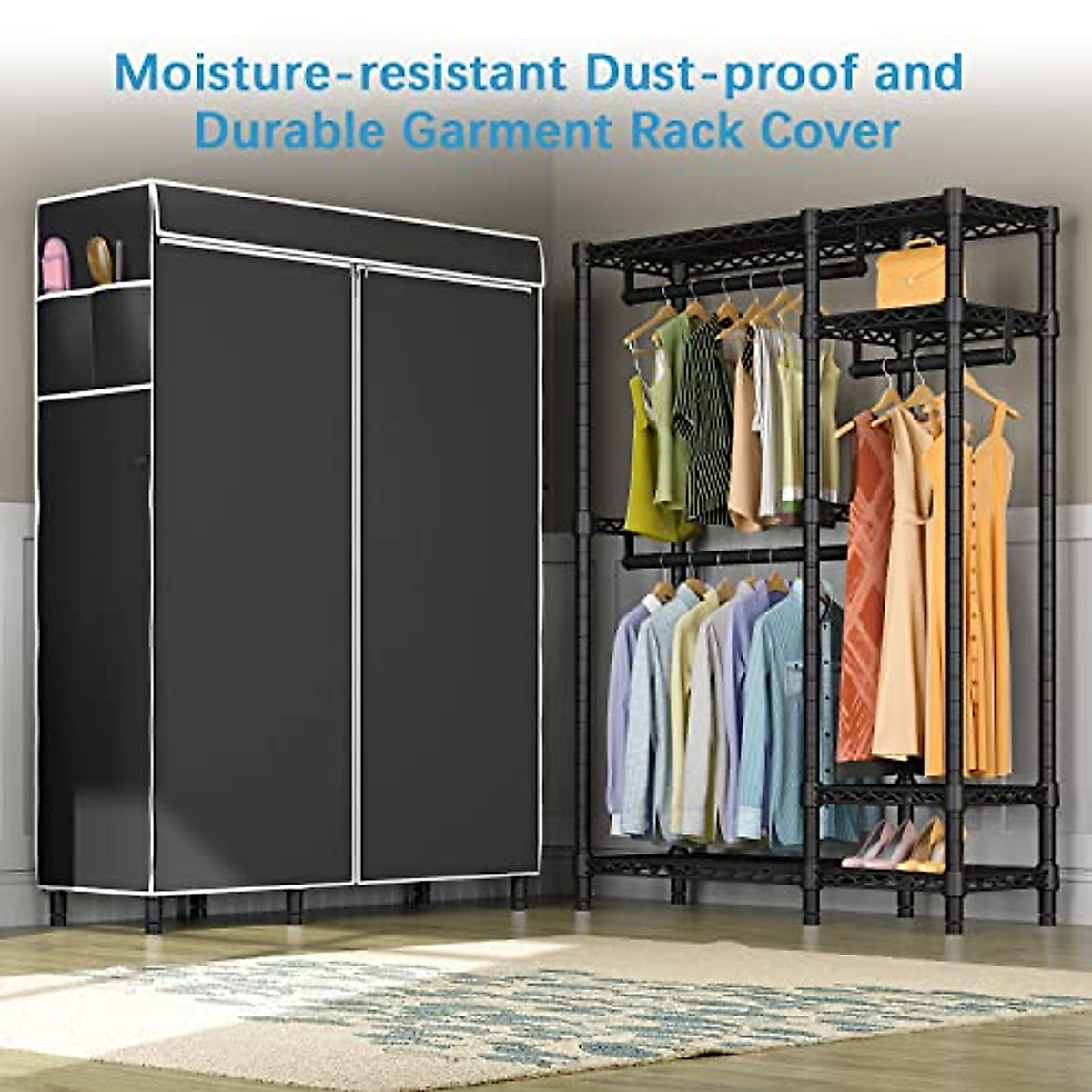 VIPEK V2C Wire Garment Rack Covered Clothes Rack with 3 Hanging Rods, Black Clothing Rack with Black Oxford Fabric Cover, Heavy Duty Metal Closet Rack Freestanding Wardrobe Closet, Max Load 650LBS