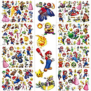 8 Sheets Temporary Tattoos Stickers For Mario, Mario Birthday Party Supplies Decorations Party Favors, Gifts for Boys Girls School Classroom Rewards