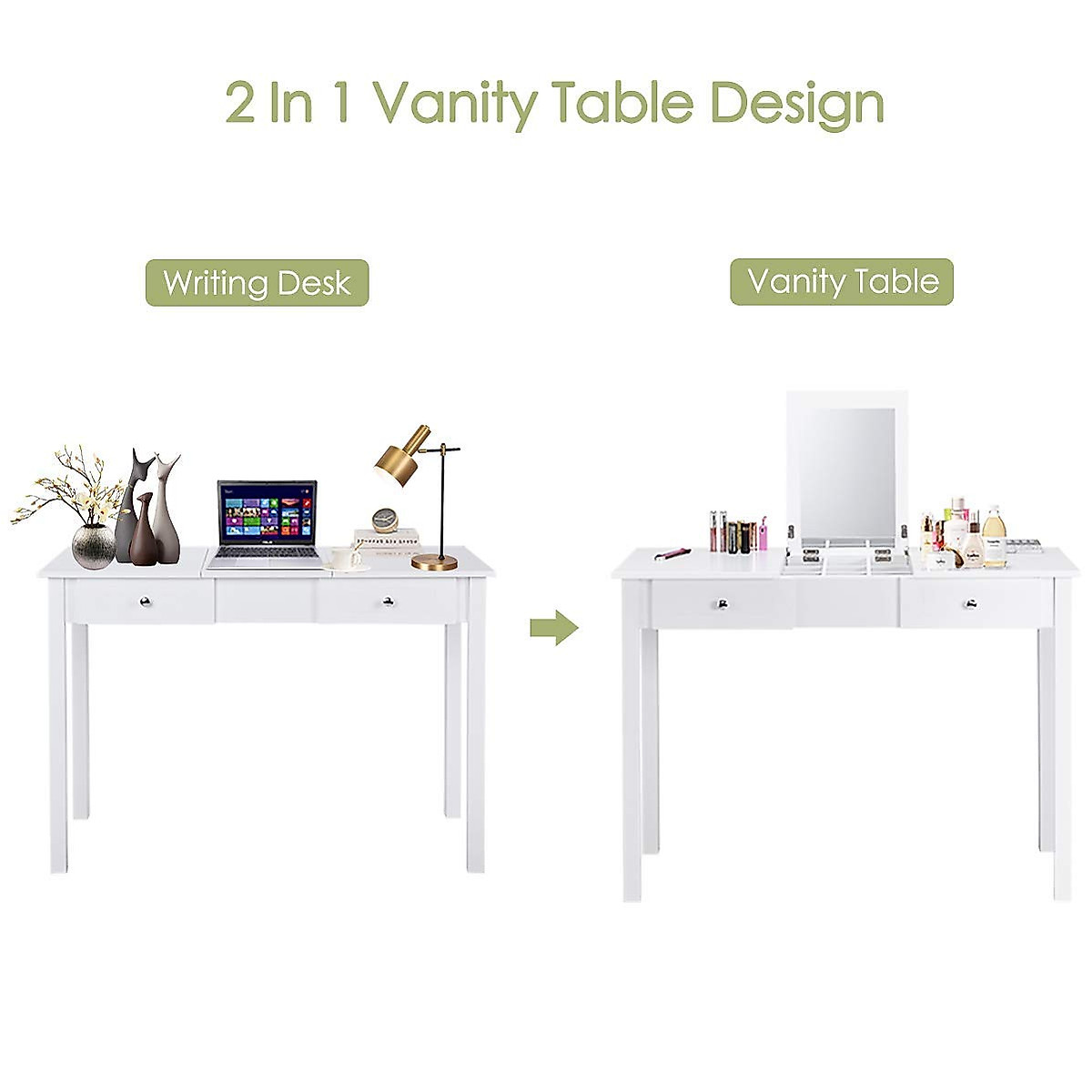 Giantex Vanity Table with Flip Top Mirror, Makeup Dressing Table Writing Desk with 2 Drawers and Removable Organizer 9 Compartments, Bedroom Vanity Table for Girls Women, Easy Assembly, White