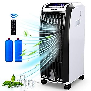 COSTWAY Evaporative Cooler, 4-in-1 Cooling, Fan, Humidifier and Anion, with 3 Wind Modes, 3 Speeds, 7.5H Timer, Portable air cooler with Remote, Built-in Handle, 4 Wheels for Home, Office