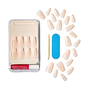 KISS Salon Acrylic French Nail Manicure Set, Medium Length, Nude, Square, Kit Includes Pink Gel Glue, 0.07 Oz, Mini Nail File, Manicure Stick, and 28 Fake Nails, Leilani, 32 Piece Set