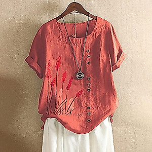 SMIDOW Boho Tops for Women Plus Size Summer 2023 Linen Shirts Short Sleeve Crewneck Printed t-Shirt Blouse Trendy Plus Size Womens Clothes Orange 3X