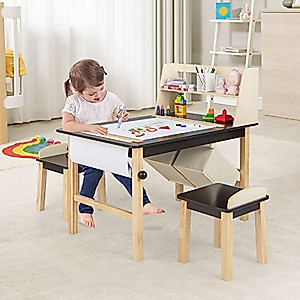 Costzon Kids Art Table and Chair Set, Wooden Drawing Painting Craft Center with Paper Roll, 2 Markers, 2 Storage Bins, Kids Activity Play Table with 2 Stools for Boys Girls Ages 3+ (Brown)