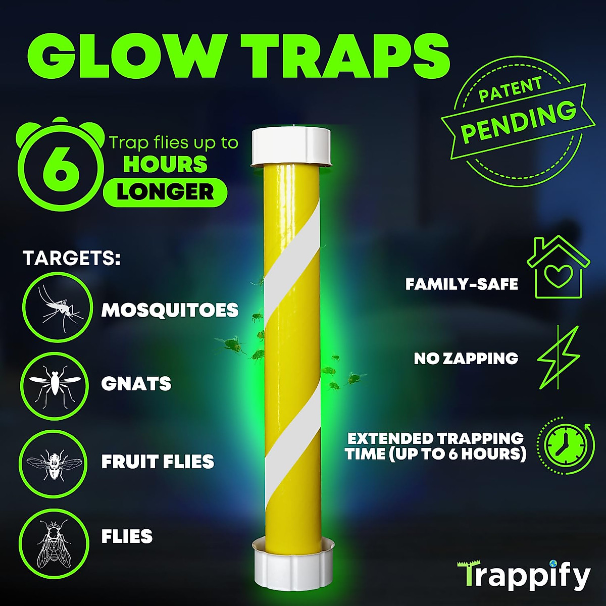 Glow-in-The-Dark Fly Stick by Trappify: Premium Indoor & Outdoor Fly Traps | Water-Resistant Sticky Trap for Fruit Fly Traps for Indoors, Gnat Traps for House Indoor, and Fly Trap Indoor (4 Pack)