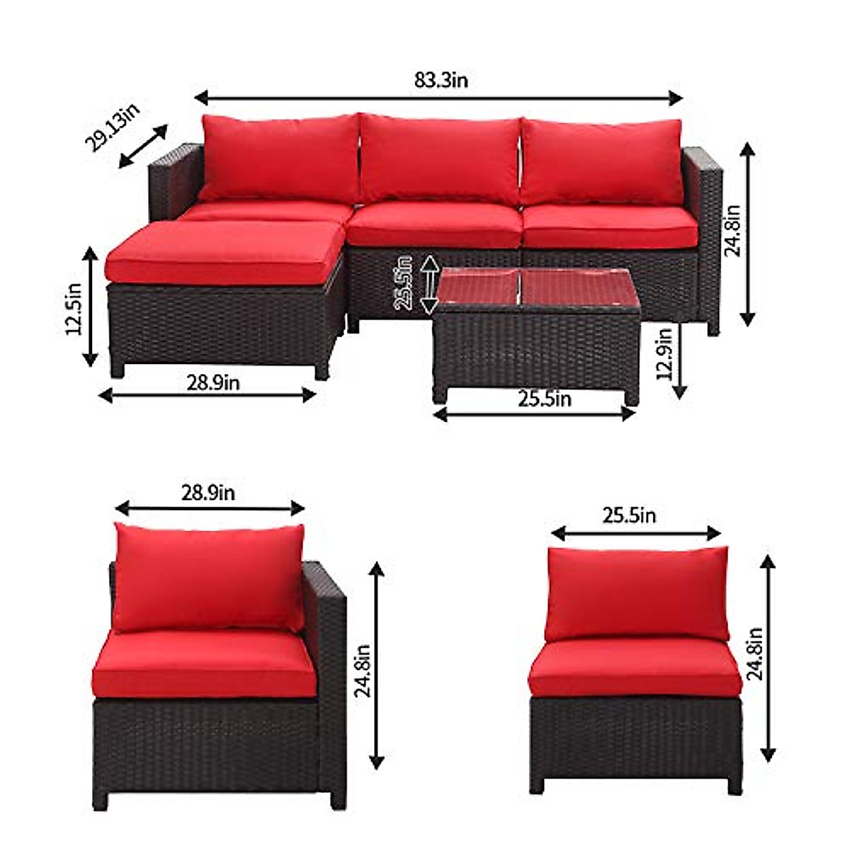 Patio Sofa Furniture Sets 5 Piece, Outdoor PE Wicker Rattan Conversation Sofa Set with Coffee Table, Wine Red (Black Rattan)