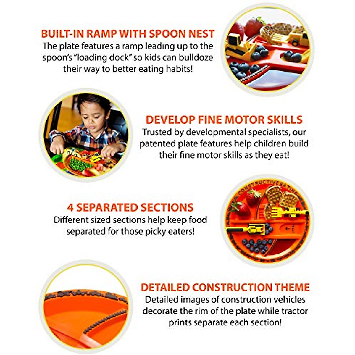 Constructive Eating Made in USA Construction Combo with Utensil Set and Plate for Toddlers, Infants, Babies and Kids - Made with Materials Tested for Safety