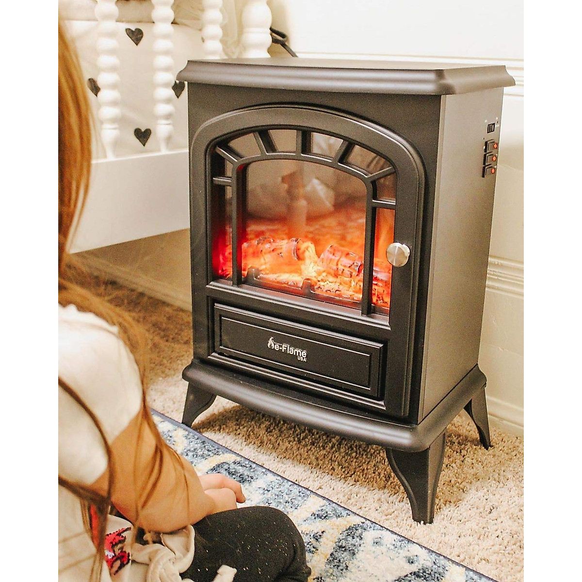 e-Flame USA Aspen Freestanding Electric Fireplace Stove - 3-D Log and Fire Effect (Black)
