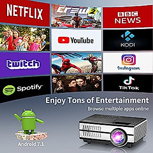 Portable Outdoor Movie Projector Full HD 1080P Supported, Mini WiFi Projector with Bluetooth, Wireless Home Theater Projector with Airplay Mirroring/Smart Android OS/HDMI/USB for Phone Laptop TV Stick