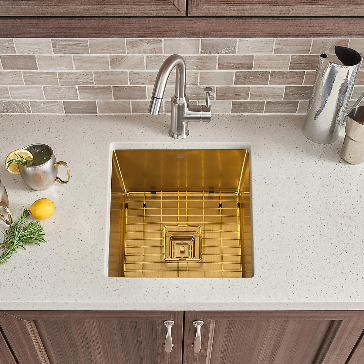 Strictly Sinks Undermount Bar Prep Sink – 18 Inch 16 Gauge Embossed Leather Texture Gold Wet Bar Prep Kitchen Sink with Bottom Grid and 1 Square Strainer Drain