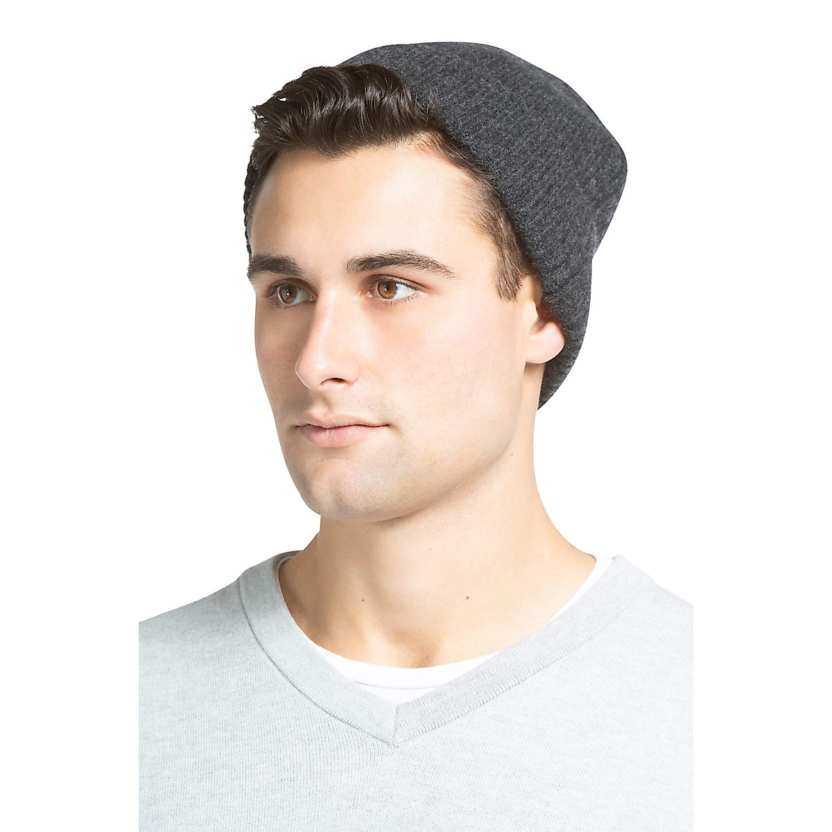 Fishers Finery Men's 100% Cashmere Winter Hat; Cuffed; Ribbed (Charcoal)