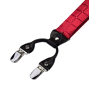 GUSLESON Mens Wedding Red Suspenders Pre-tied Bow Tie and Pocket Square Set Male Plaid Adjustable Tuxedo Suspender (0102-13)