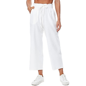BCOFUI Womens Linen Wide Leg Pants High Waisted Drawstring Baggy Loose Beach Trousers with Pocket