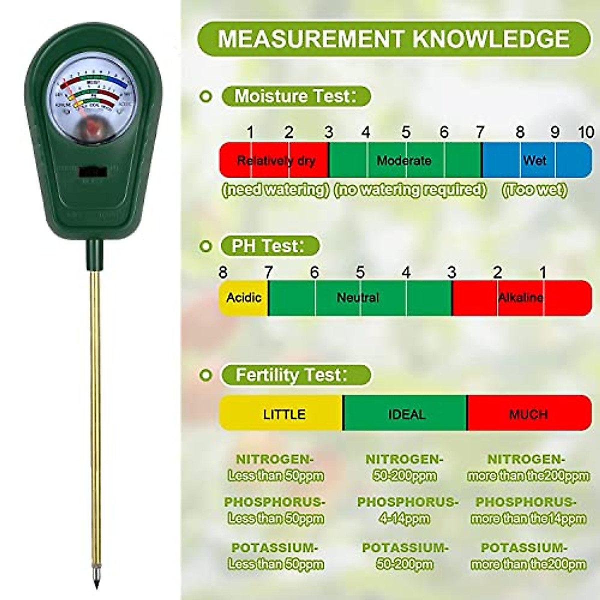 Upgraded 3 in 1 Soil Moisture/PH/Fertility Meter Soil Test Kit Soil Moisture Meter 90 Degree Foldable Soil Test Kit for Lawns, Garden, Farm, House, Indoor, Outdoor, Plants No Battery Needed (B)