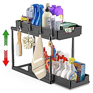 Under Sink Organizer, HYSEYY Sliding Out Under Cabinet Organizer, 2-Tier Under Sink Organizers and Storage, Height-adjustable Under Sink Storage