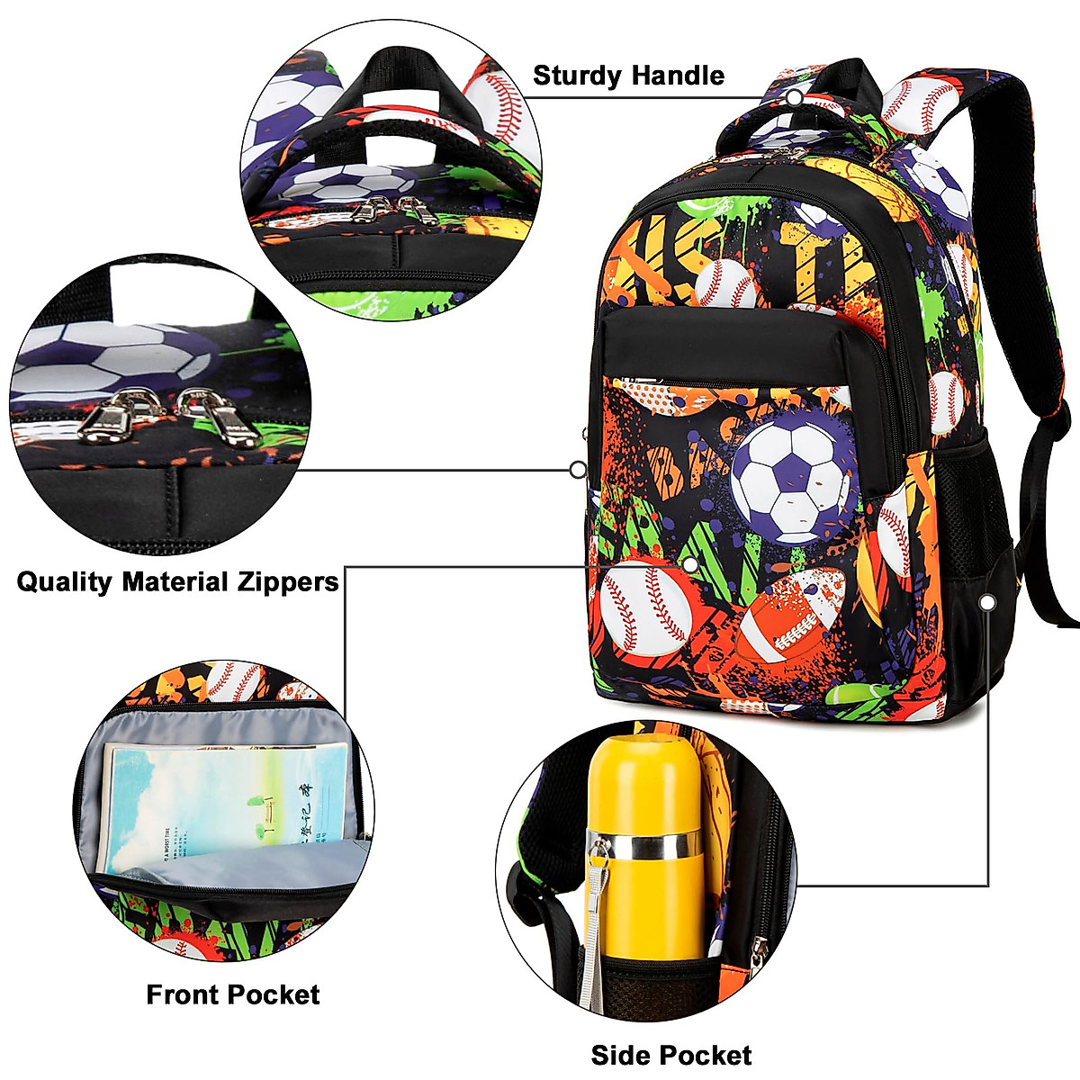 LEDAOU School Backpack Teen Boys Kids Bookbag Daypack School Bag (Ball Graffiti)